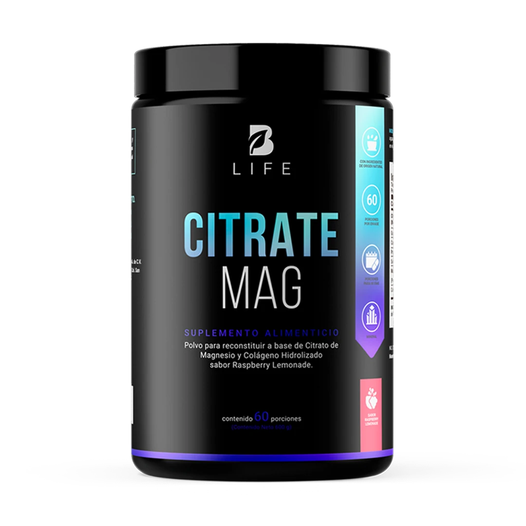 Citrate Mag Polvo B Life® 600 g | Magnesio, Colágeno | Sabor Frambuesa